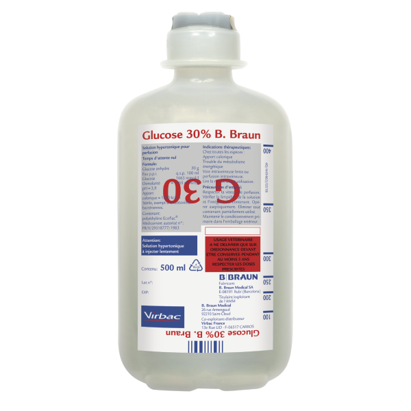 Soluté Injectable Glucose 30% Chien Chat Bovin Caprin Equins Lapin Oiseau Ovin Porcins Reptile ...